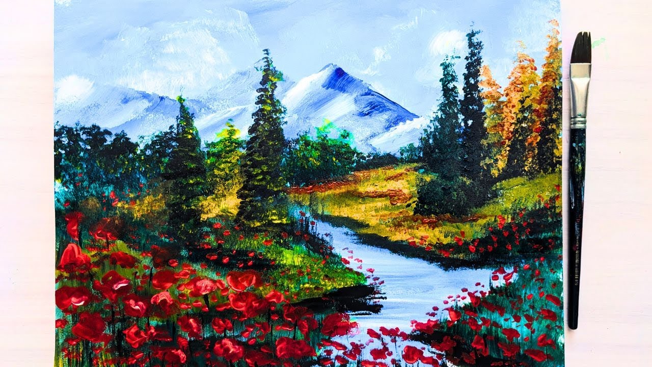 How to paint Poppy flower field in Spring season | acrylic landscape ...