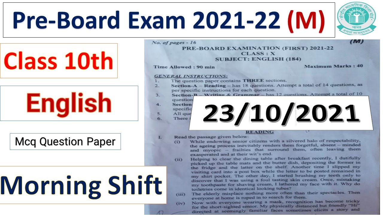 class 10 english pre board paper (M) ll 23 october 2021 ll english ...