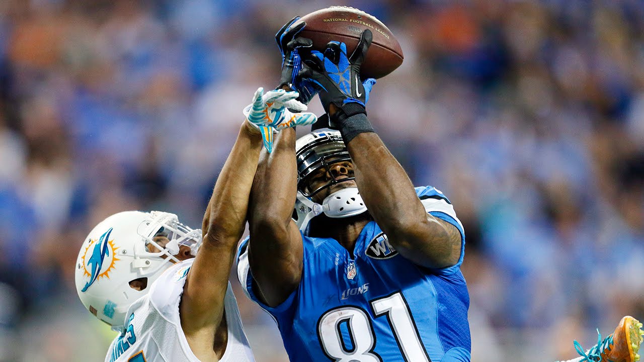 Calvin Johnson rises up over Brent Grimes for a 49-yard touchdown catch ...