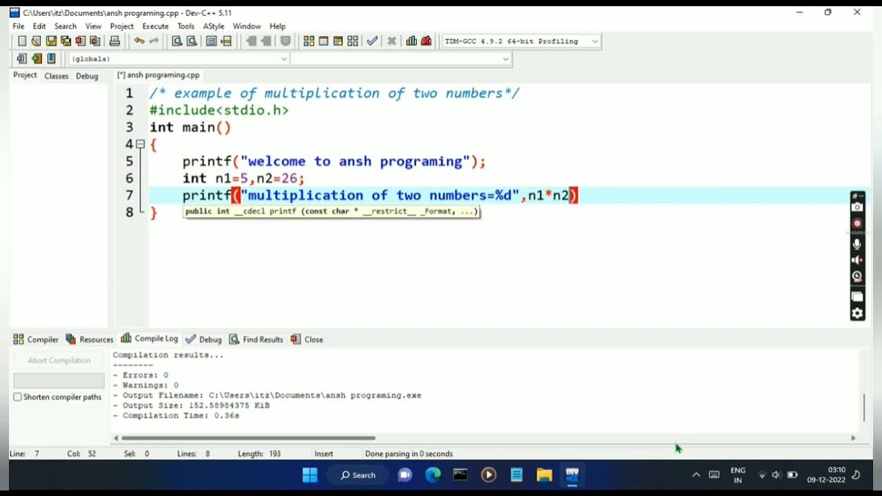 Basic Codes For C-Programing (multiplication program) #ansh programing #3 - YouTube