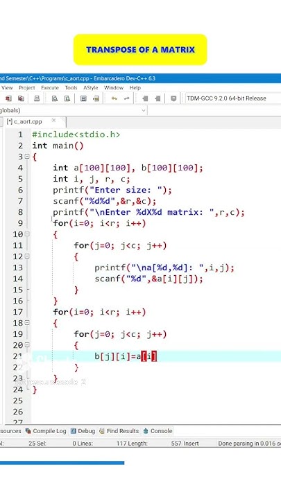 C Transpose Of Matrix Fyp Shorts C Cpp Cprogramming Fypシ Viral Reels Programming