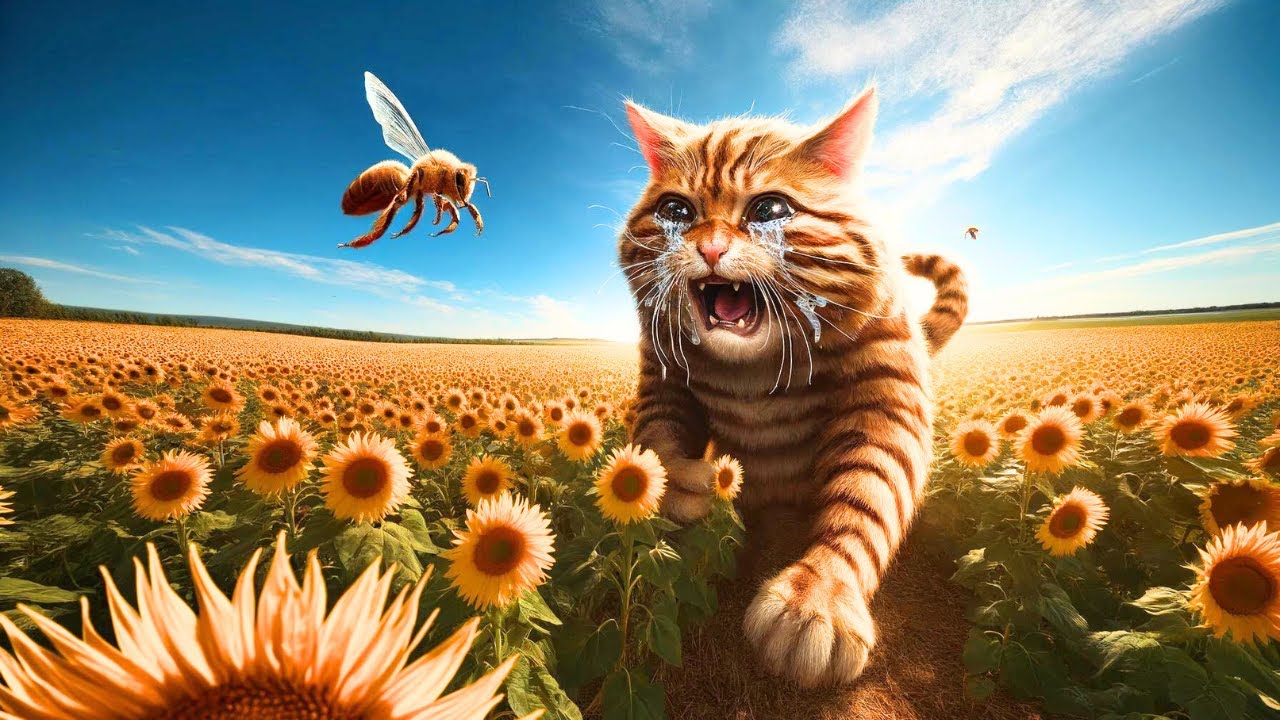 Giant cat flees from a swarm of bees #aicat #giant #poorcat - YouTube