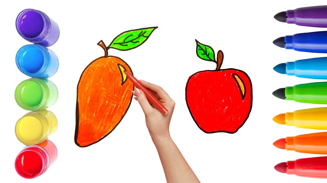 Apple,Mango drawing ll How to draw a cute Mango,Apple with colour easy ...