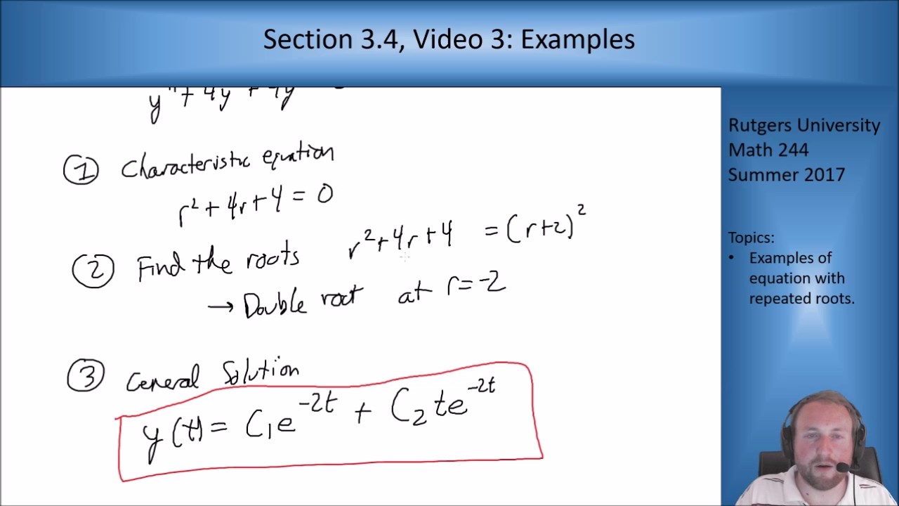 MATH 244: Section 3.4, Video 3: Repeated Roots Examples - YouTube