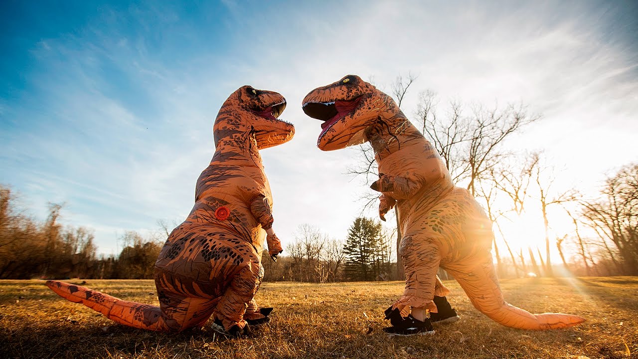 Dad and Baby T-Rex Running, Dancing and Falling! Inflatable T-Rex ...
