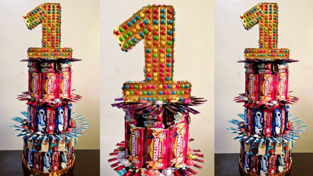 DIY 2 IN 1 CANDY CAKE TOWER WITH NUMBER CANDY ON TOP - YouTube
