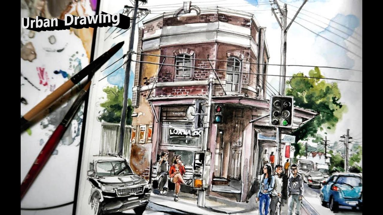 Urban sketch, Easy water colour painting - YouTube