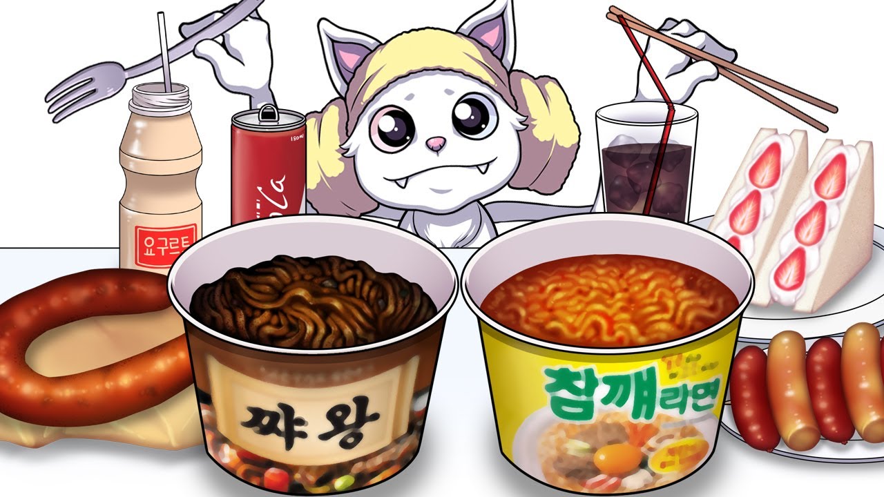 Mukbang Animation convenience store food noodle set Muk cat 먹방 애니메이션 ...