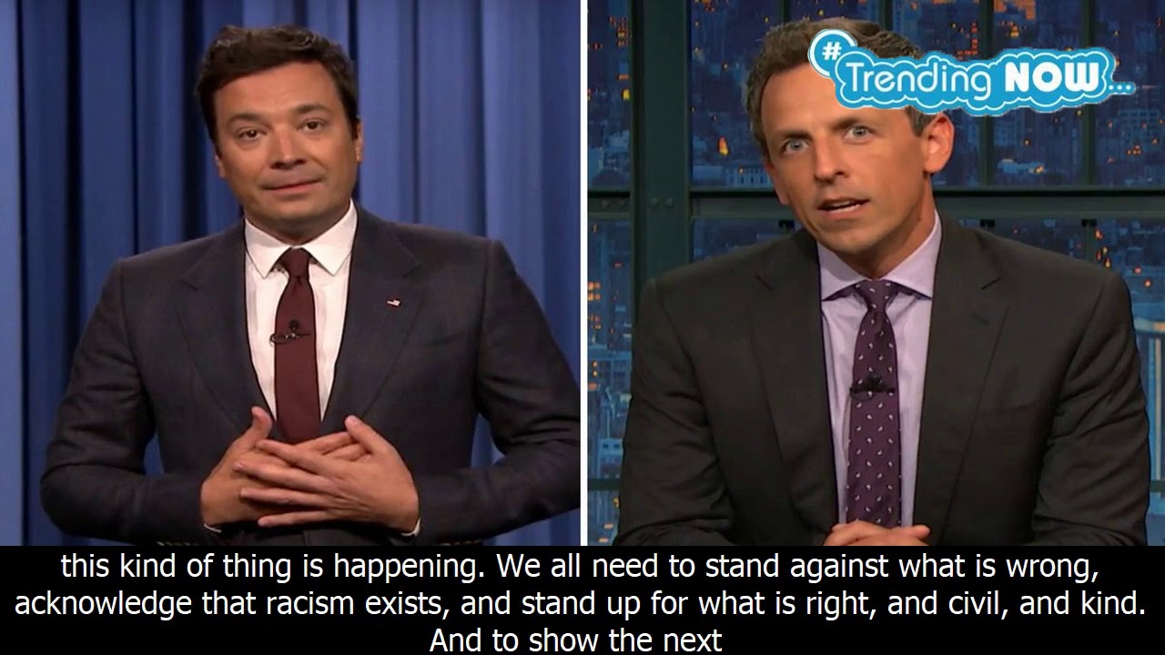 An emotional jimmy fallon and an angry seth meyers address ...