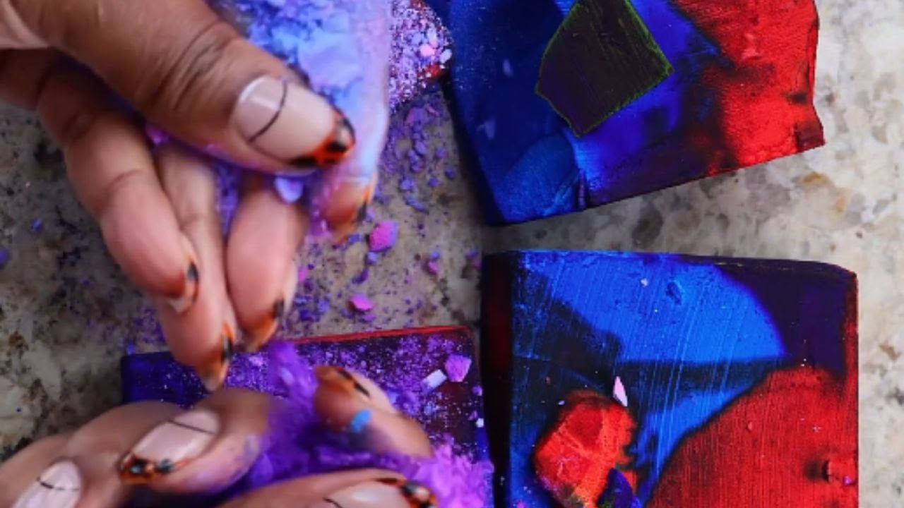 Hands-on ASMR with colorful gym chalk crushed into a soft powder form ...