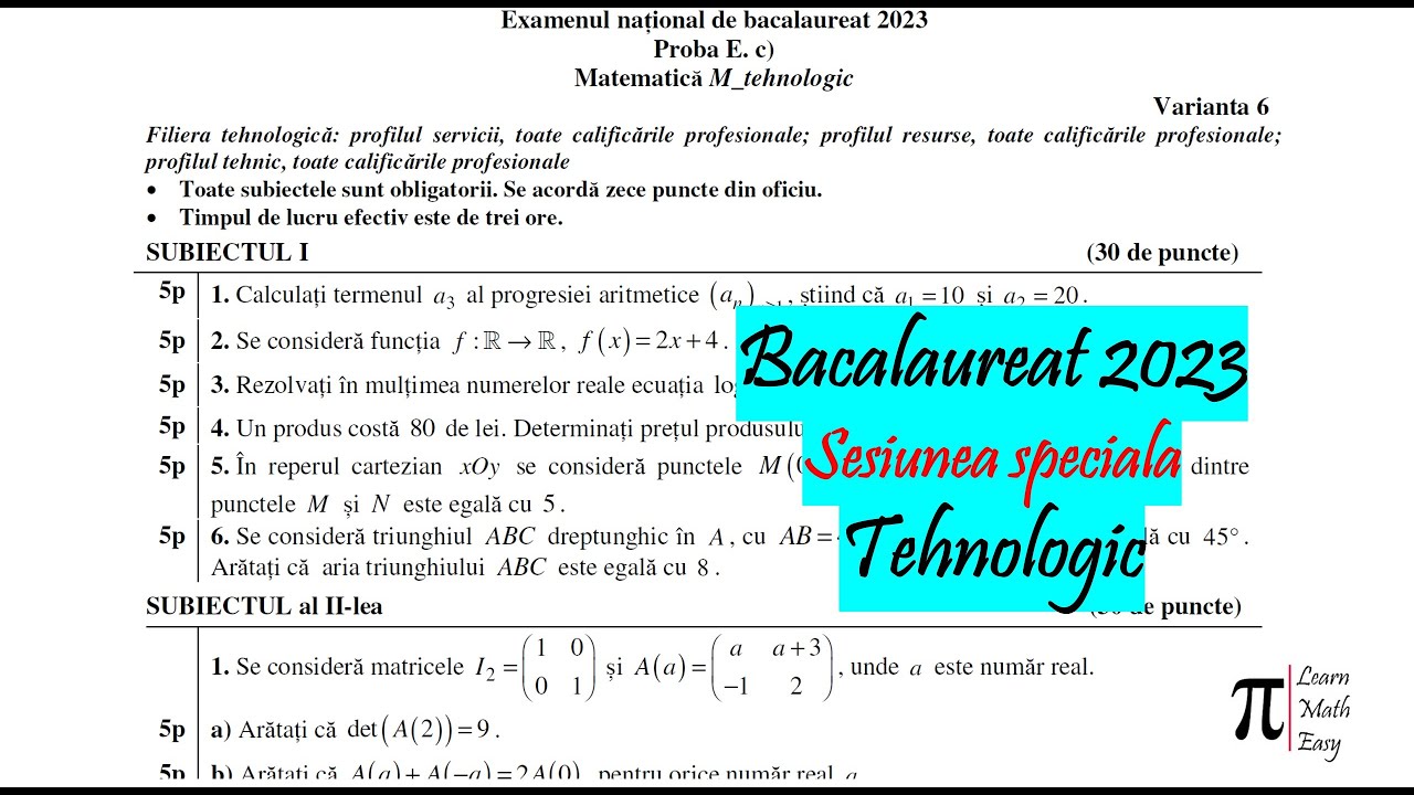 Bacalaureat 2023 Sesiunea speciala Tehnologic Matematica - YouTube