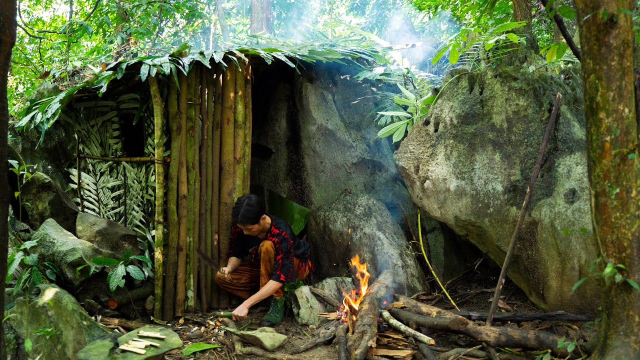 Building Complete And Warm Survival Shelter - Life Cave In The Cliff ...