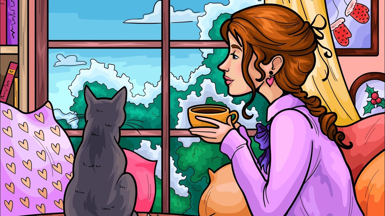 Girl with her Black Cat sitting by the window Enjoy Cup of Tea Hey ...