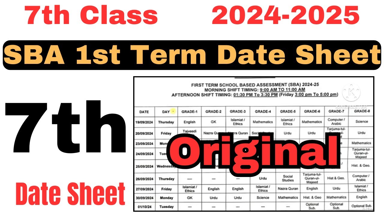 7th Class SBA 1st term 2024-2025 date sheet | school based assesment ...