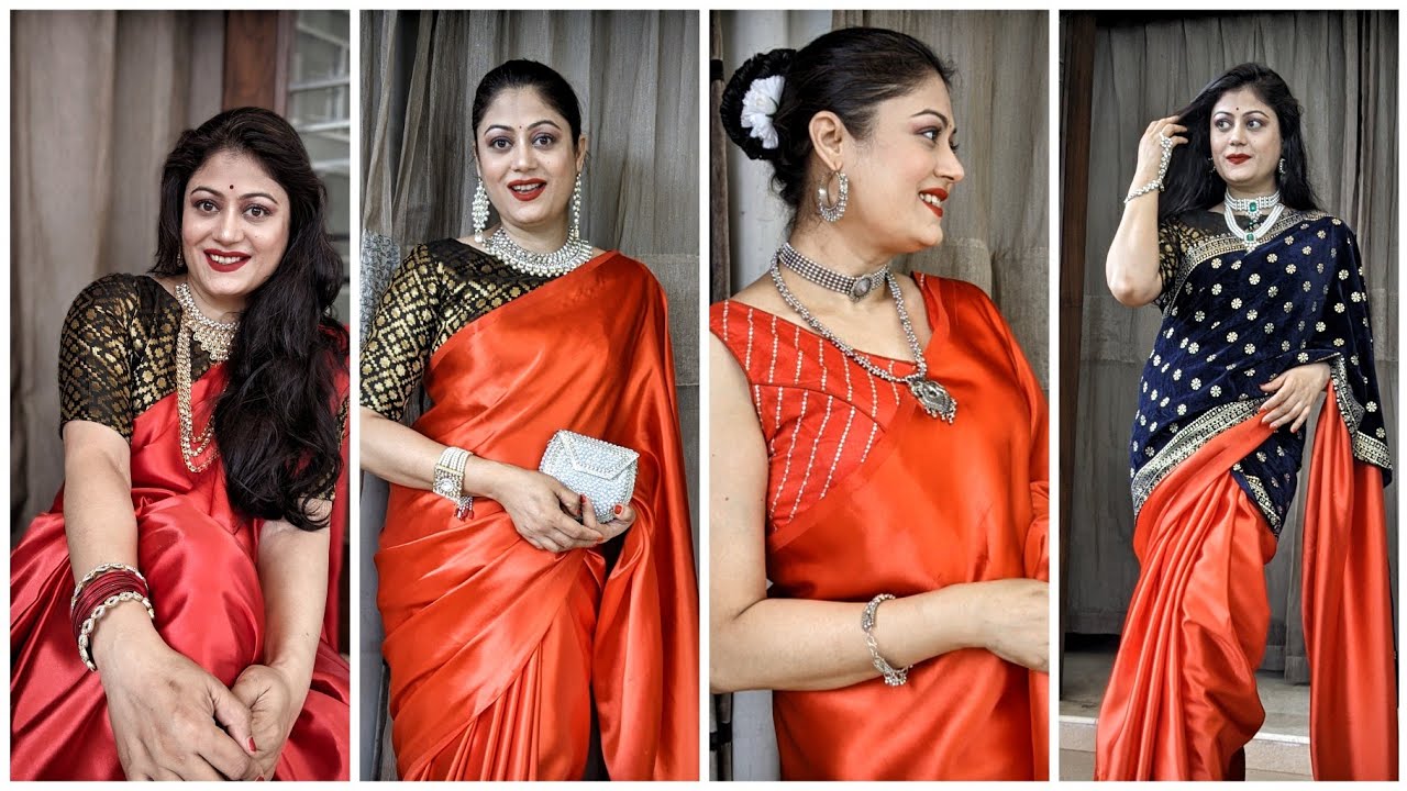 HOW TO STYLE A RED SATIN SAREE IN 5 DIFFERENT WAYS || PARTY LOOK ...