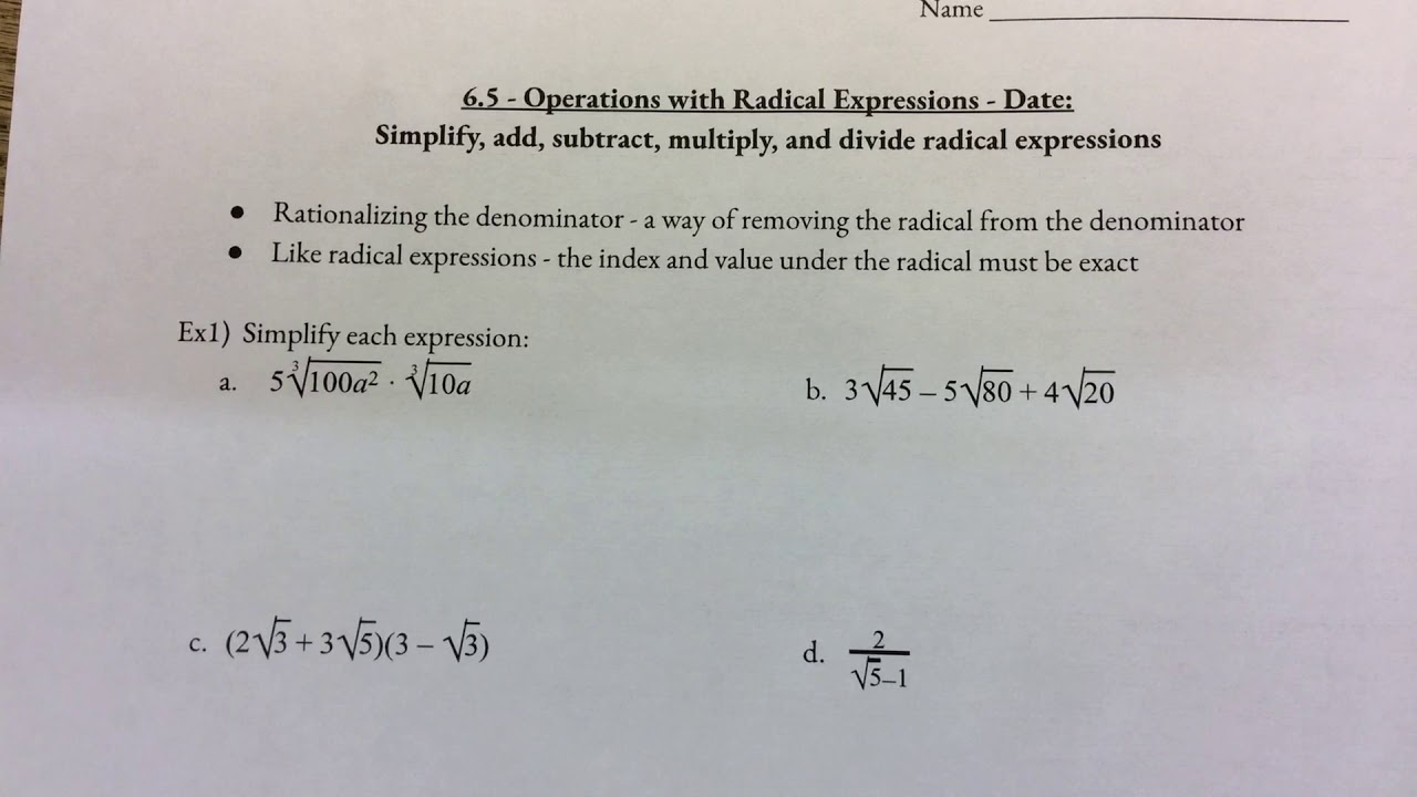 Algebra 2 - 6.5 Operations with Radical Expressions - YouTube