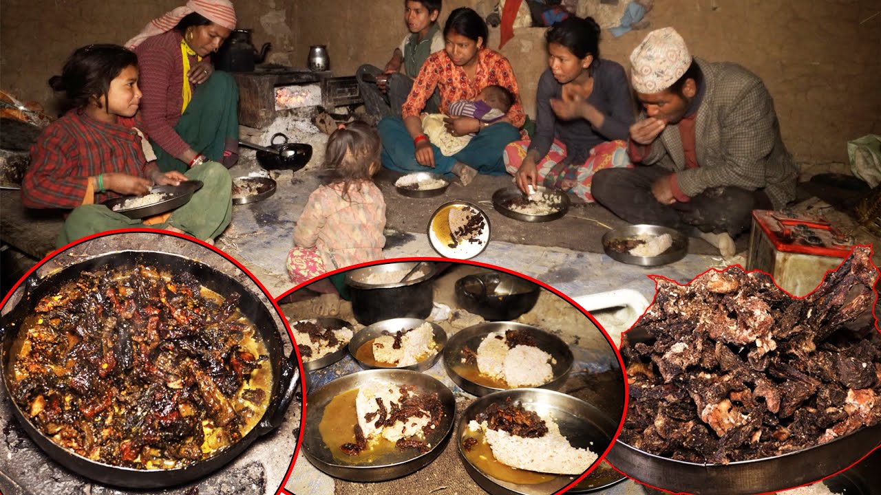 buff Ribs dry meat curry & rice by dharme brother' family in rural ...