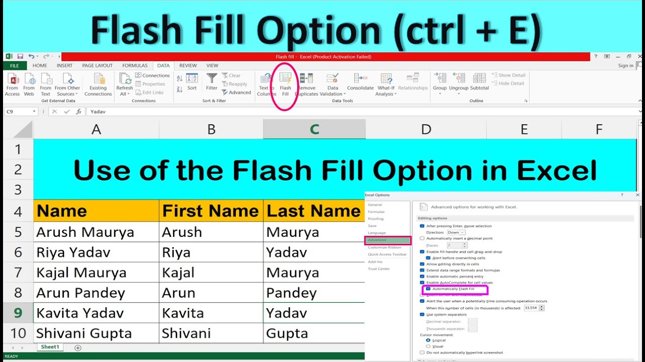 Flash Fill in excel | Use of flash fill option in excel | How to Enable ...