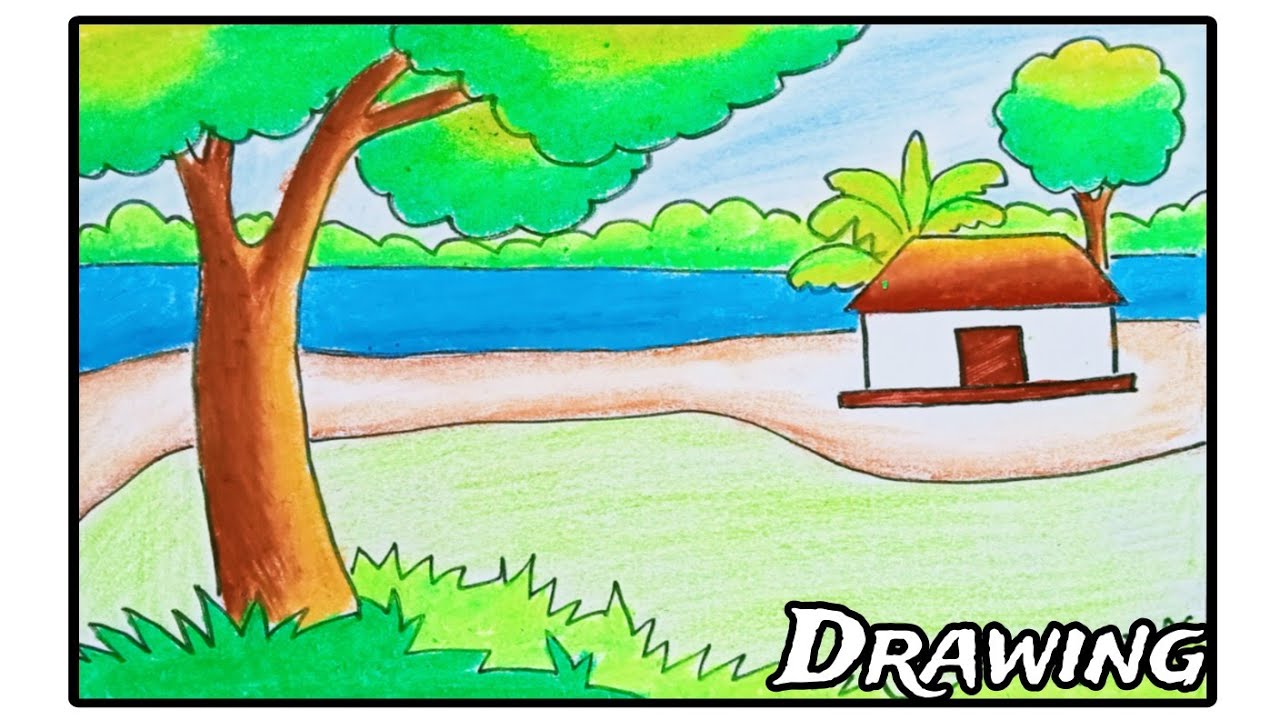গ্রামের দৃশ্য অংকন || How to Draw a village seance || Village drawing ...