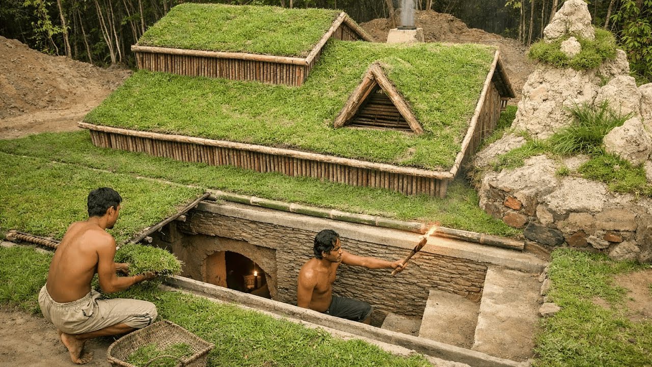 Building underground hut with grass roof & fireplace with clay - YouTube
