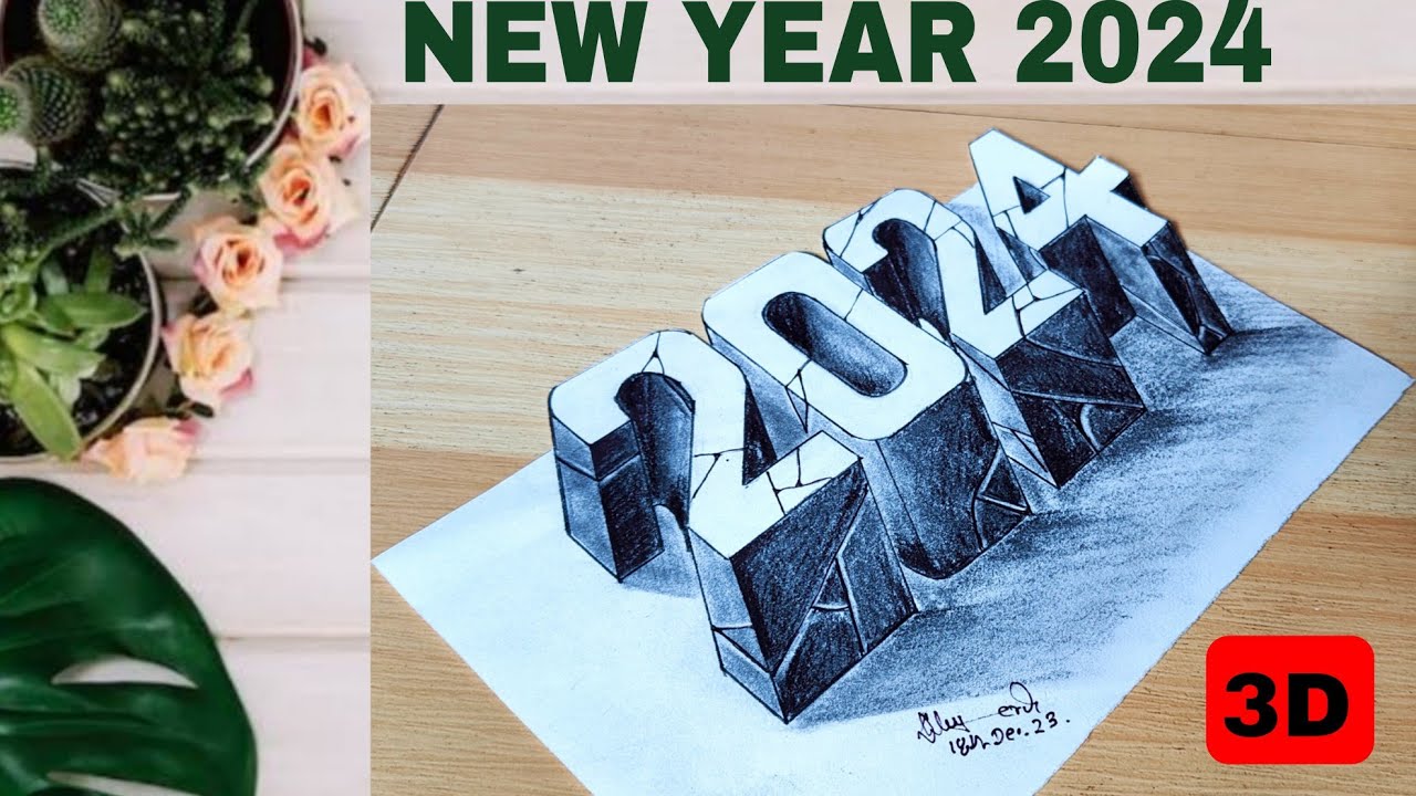 Happy New year 2024 stone 3D letter pencil drawing /3D letter 2024 ...