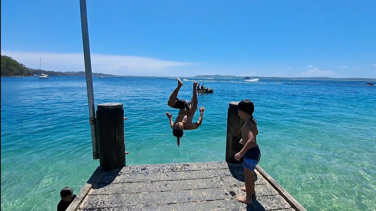 Jumping at Little Beach Jetty Nelson bay - YouTube