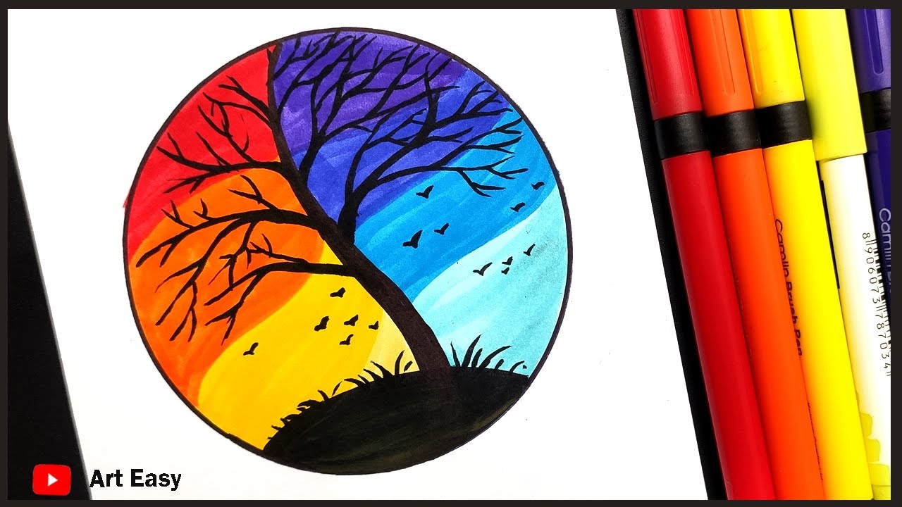 Day And Night Circle Scenery Drawing || Two In One Painting || Circle ...
