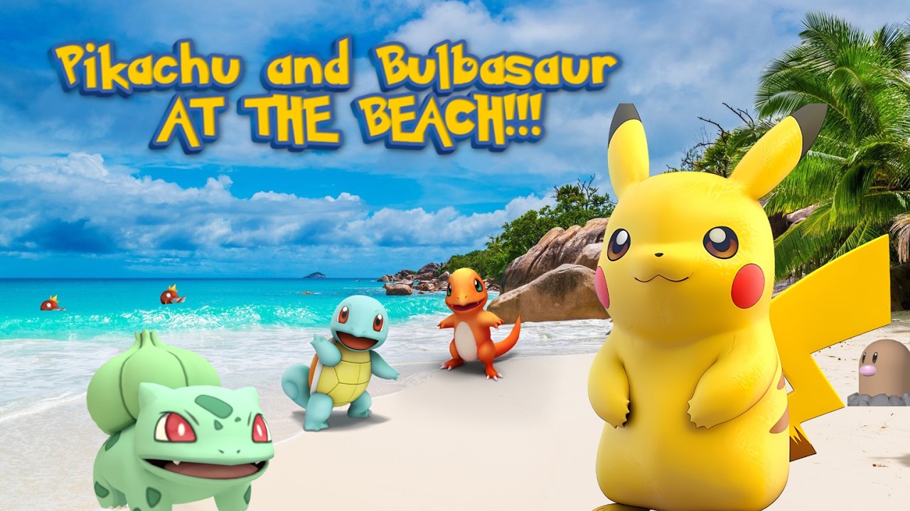 Pikachu and Bulbasaur AT THE BEACH!!! Pokemons having fun on the beach ...