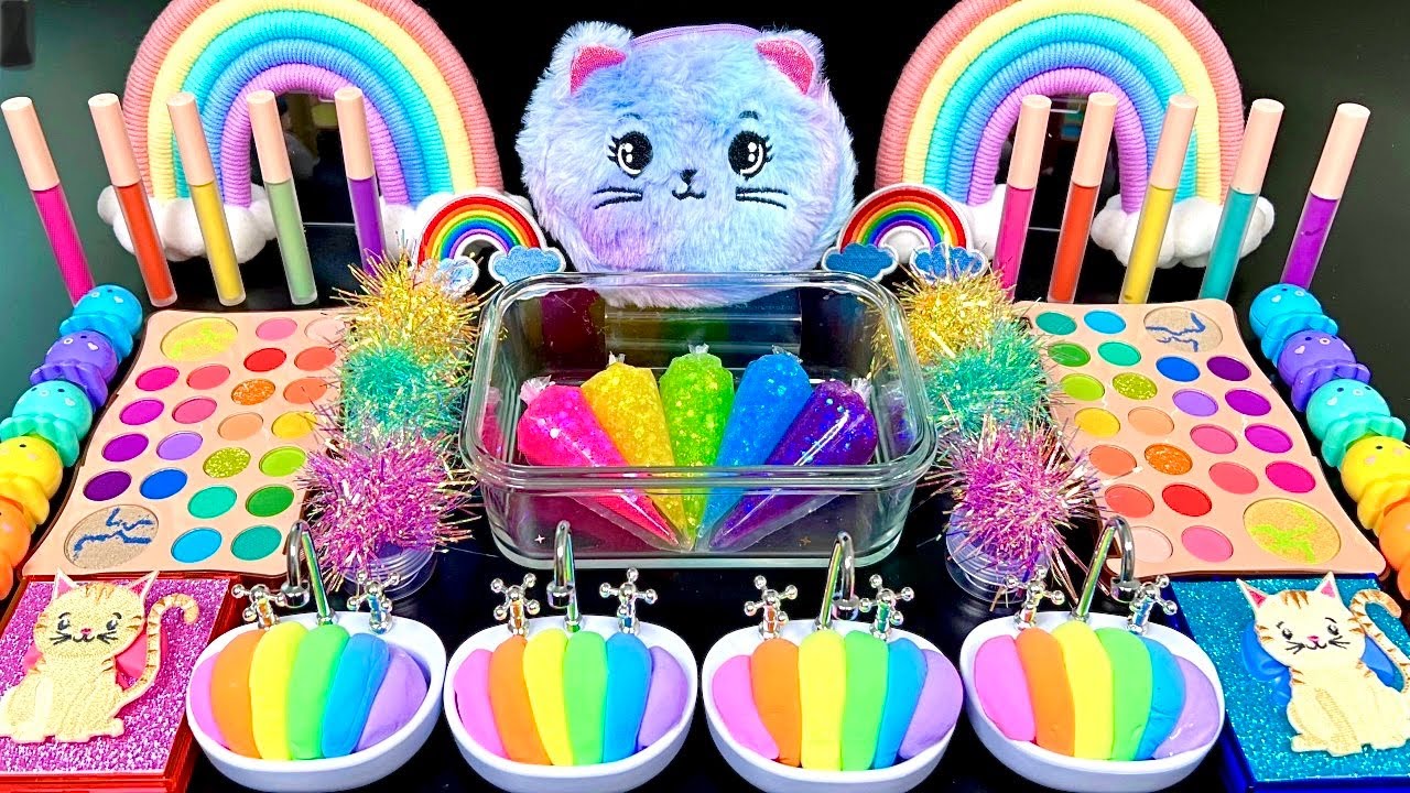 [ASMR]Mixing "Rainbow Cute Cat" Eyeshadow, Glitters Into Clear Slime ...
