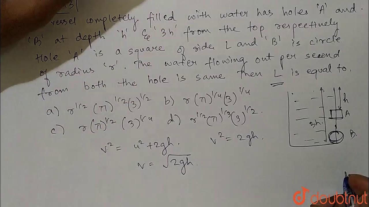 A vessel completely filled with water has holes 'A' and 'B' at depths ...
