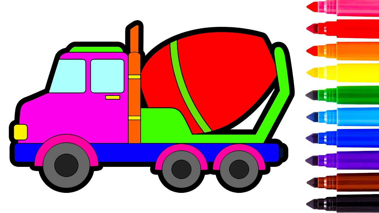 Cement Mixer Truck Drawing and Coloring For Kids | Learn Colors for ...