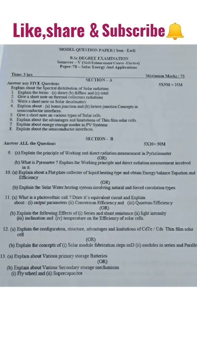 Degree 5th sem physics paper 7B model paper *Solar Energy And Applications* #newsyllabus # ...