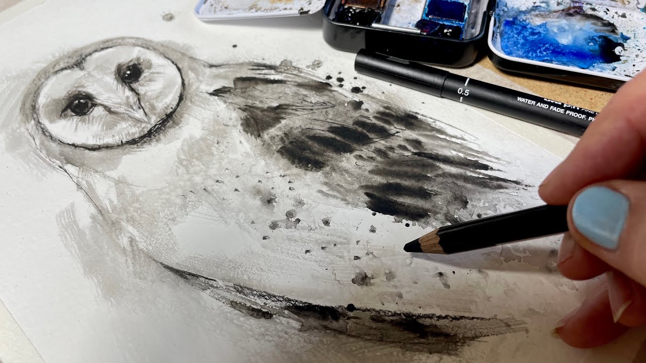 How to draw and paint an Owl in Watercolour / One colour Painting - YouTube