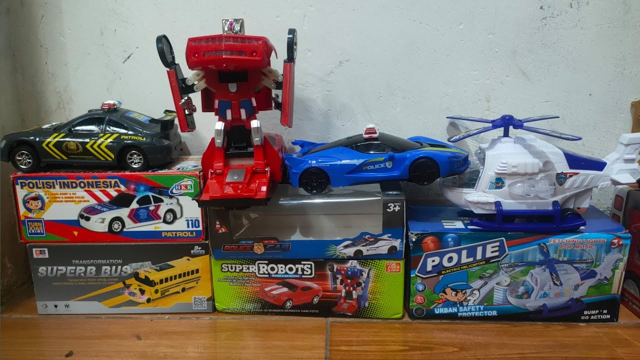 unboxing mainan baru, mobil polisi , supercar robot - YouTube