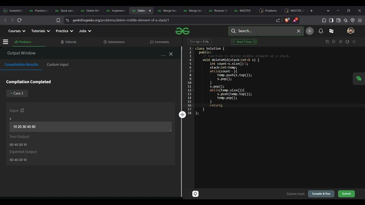 Delete Middle Element of a Stack | GFG | C++ Code | Only Solution | No Voice - YouTube