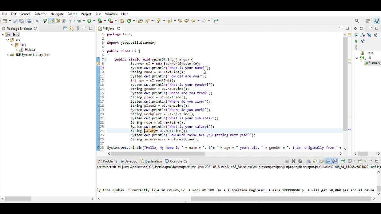 eclipse workspace Hello src test Hi java Eclipse IDE 2021 05 02 22 12 ...