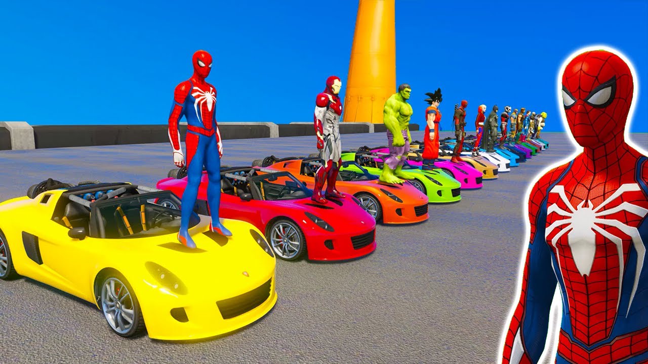 hombre araña batman y hulk cohete propulsor súper coche desafío difícil ...