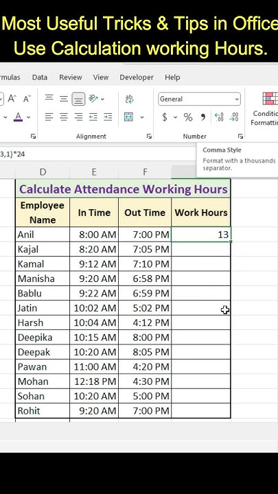 How to Calculate Working Time in Hour #excel #exceltricks #exceltips #shorts #shortvideo - YouTube