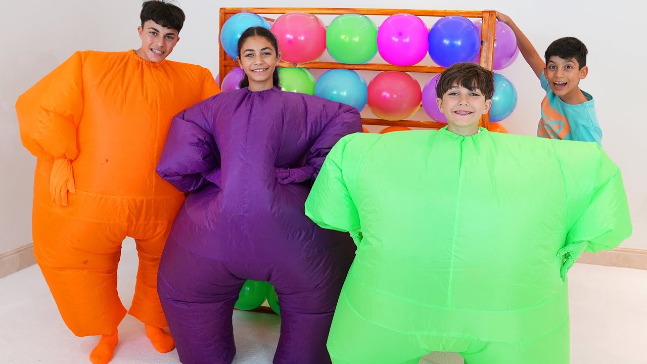 Jason Plays Hide and Seek with Friends in Inflatable Costumes - YouTube