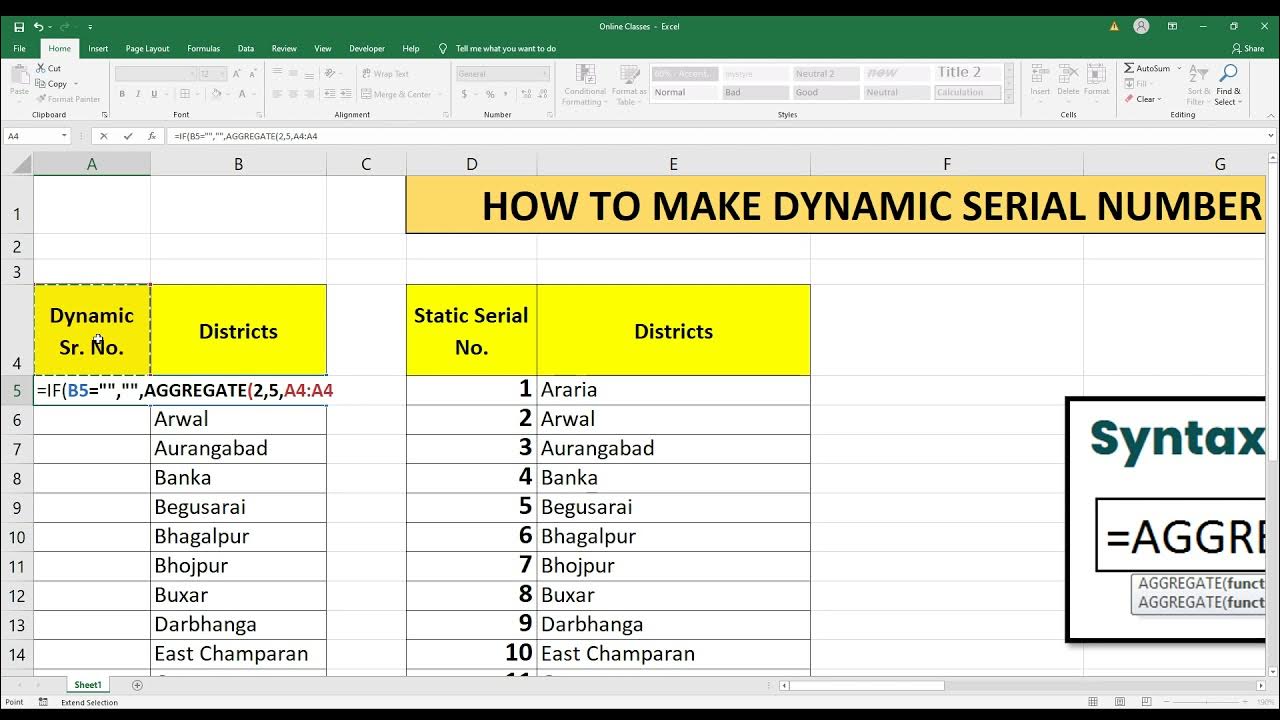 HOW TO MAKE DYNAMIC SERIAL NUMBER IN EXCEL TABLE | AGGREGATE Function | - YouTube