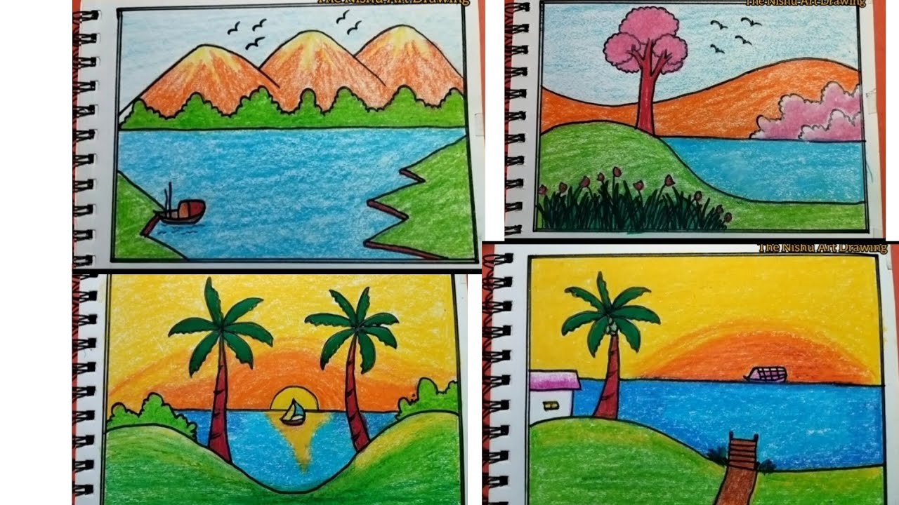 6 amazing scenery drawing 🌴 Ideas # Easy simple scenery 🛶🌴 tree drawing ...