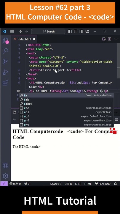 Html Tutorial Lesson 62 Html Computercode Code Element Part 3 Shorts Html Htmltutorial