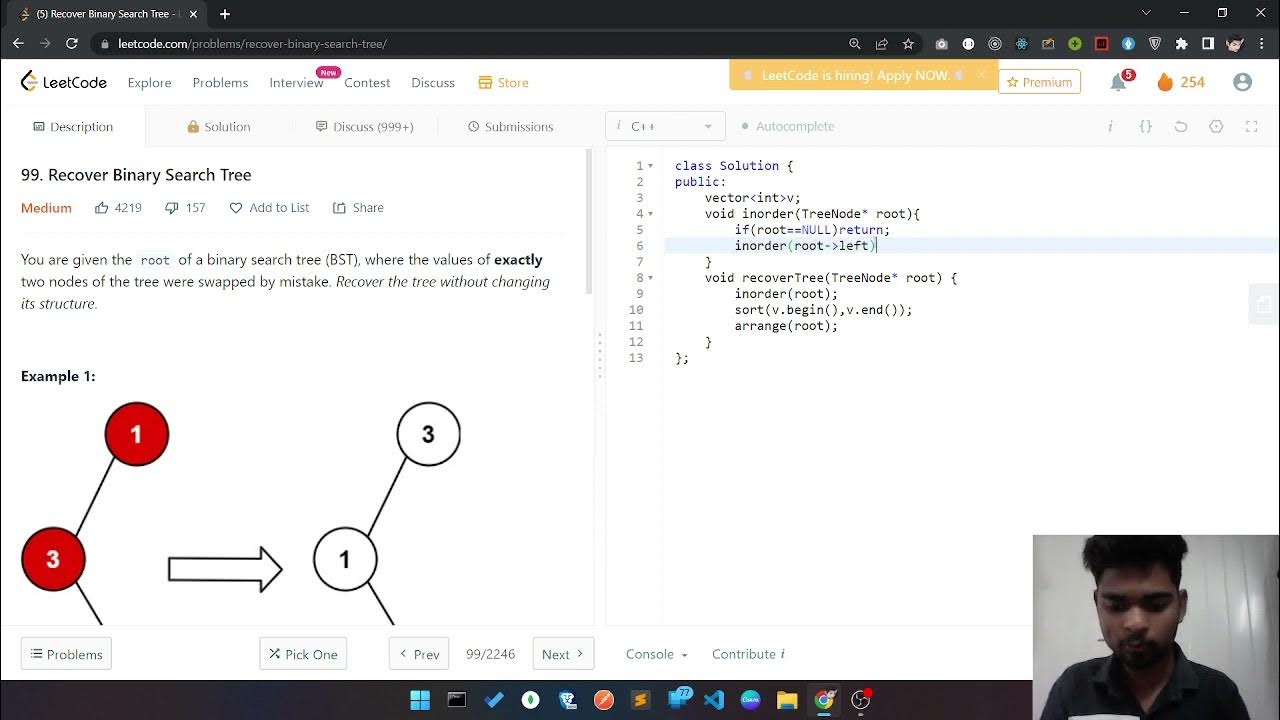 99 Recover Binary Search Tree Leetcode Solution Youtube