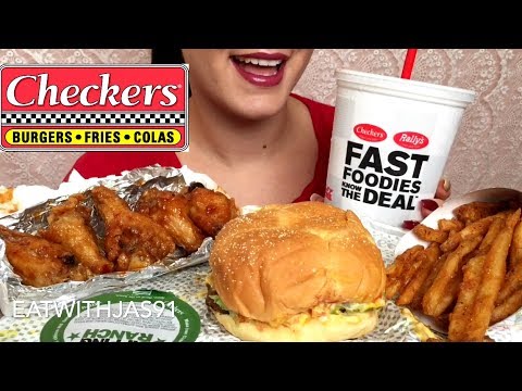 ASMR Checkers burger And Chicken wings (Whispering) | Eating Show