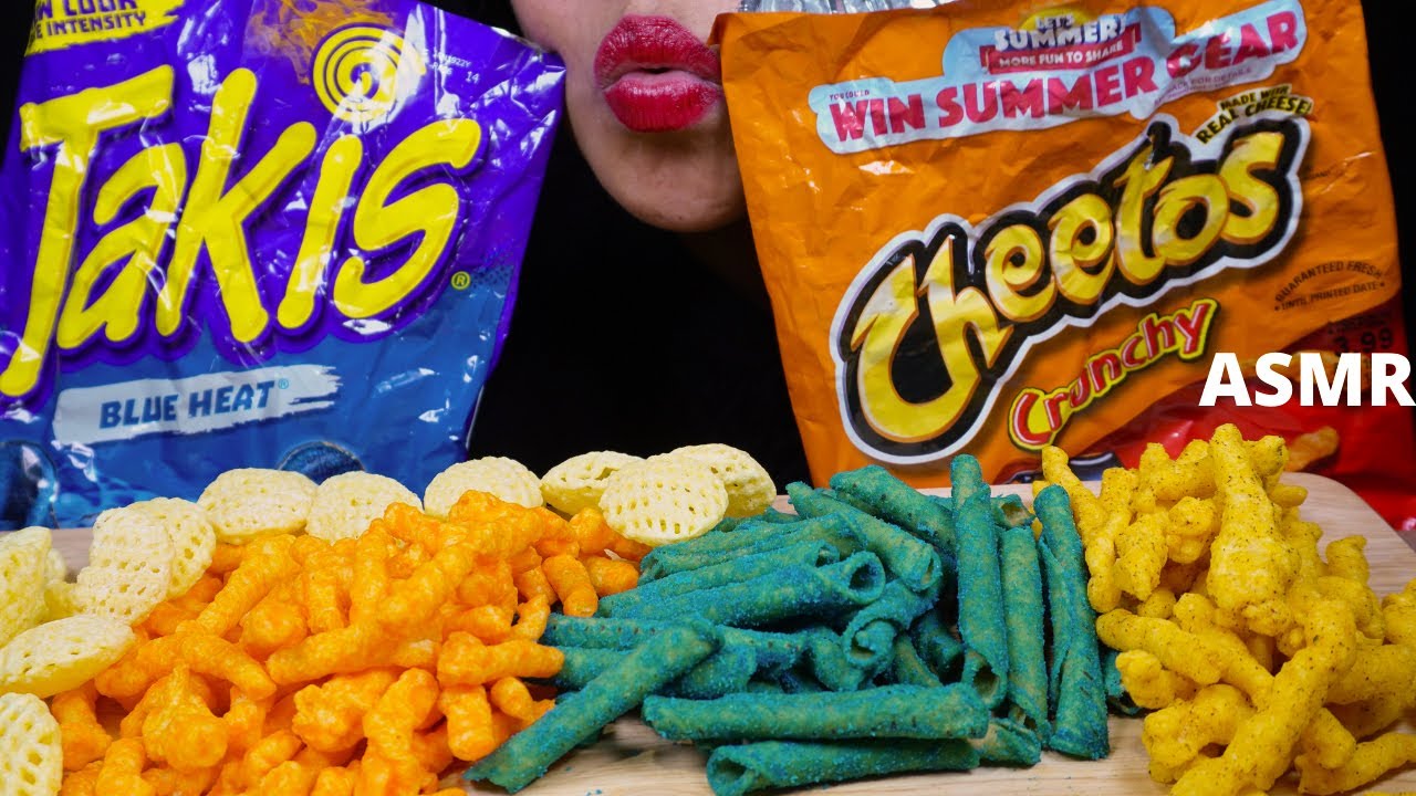 ASMR EATING TAKIS FUEGO, BLUE HEAT TAKIS, CHEETOS, LAYS | CRUNCHY ...