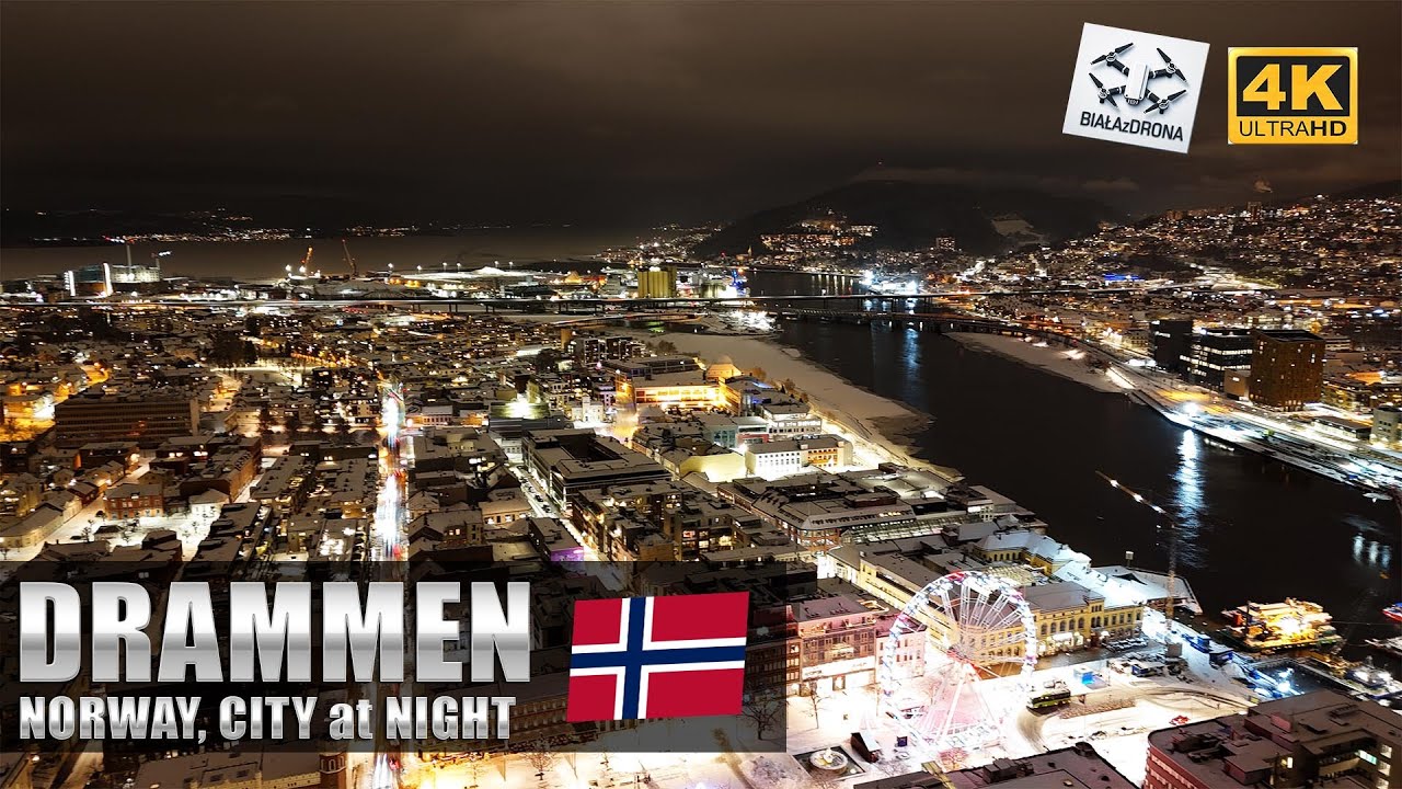 Drammen, Norway, city at night 2024 , drone flight 4k - YouTube