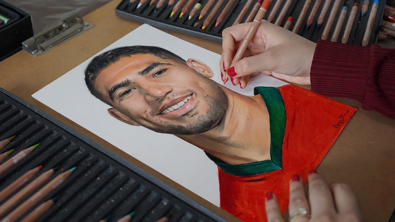 Drawing Achraf Hakimi with colored pencils Caran Dache Luminace - YouTube