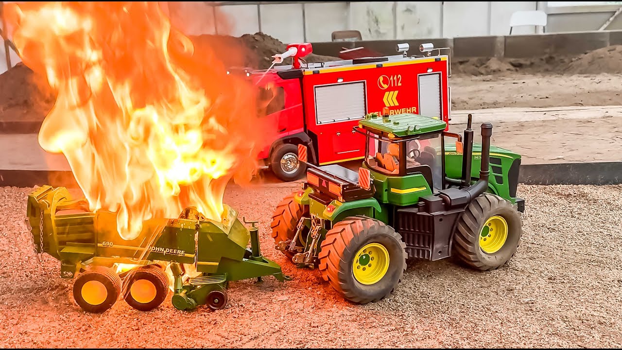 MEGA TRACTORS AND RC TRUCKS, JOHN DEERE HAY BALER ON FIRE! - YouTube