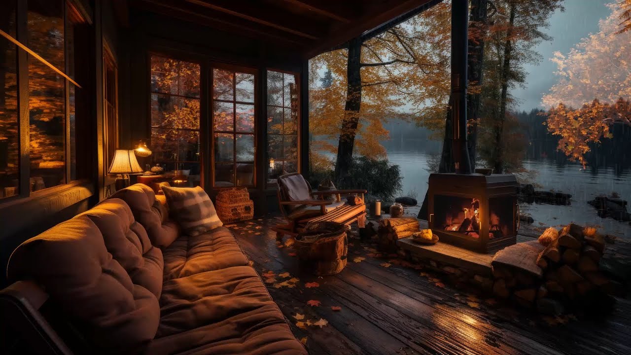 🍁 Cozy Fall Cabin Balcony Night | Fireplace Crackling & Heavy Rain for ...