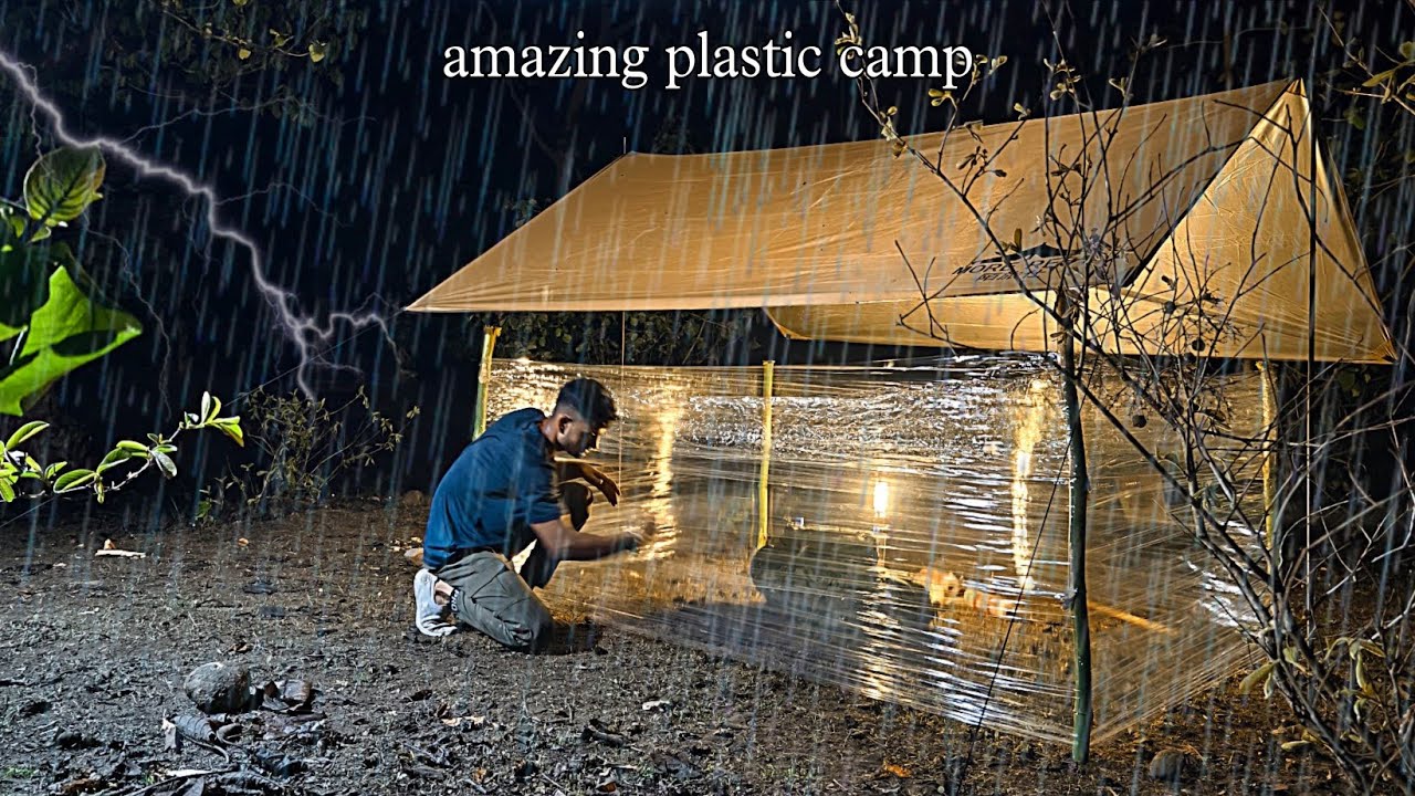 Amazing plastic camp in the heavy rain and thunderstorm|| deep forest ...